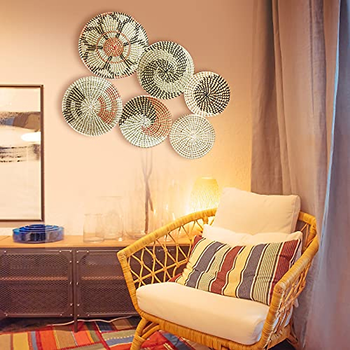 Hanging Woven Wall Basket Decor Set of 6 - Seagrass Wall Baskets Decor - Boho Rattan Home Room Decorative - Handmade Natural Round Wicker Basket，for Living Dining Room Kitchen Bedroom Unique Wall Art…