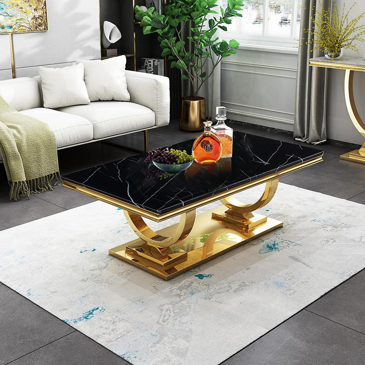 47" Rectangular Marble Coffee Table, Modern Luxury Living Room Center Table, Mid-Century Elegant Black Faux Marble Cocktail Table with O-Shape Gold Mirrored Stainless Steel Pedestal Base