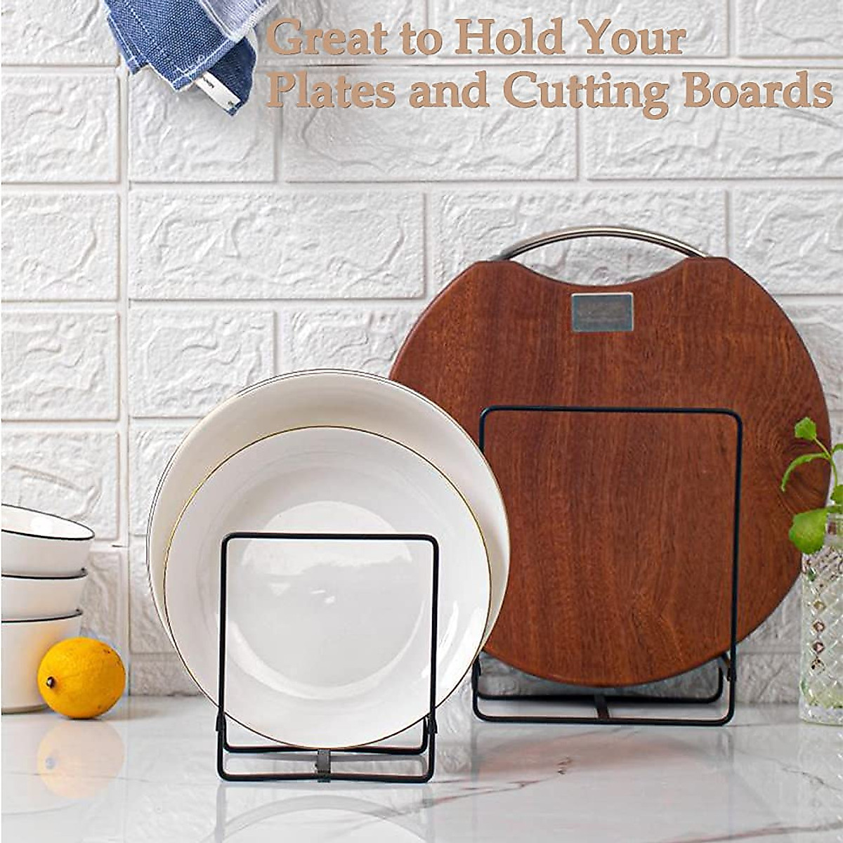 SUNFICON Large Plate Holders 2 Pack Upright Cabinet Dish Organizers Metal Plate Dish Drying Racks Stands Racks for Countertop and Cupboard Black