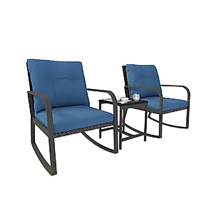 wallowsun 3 Pieces Outdoor Rocking Bistro Set,Patio Conversation Set w Thick Cushions and Glass-Top Table for Poolside Patio Garden(Blue)