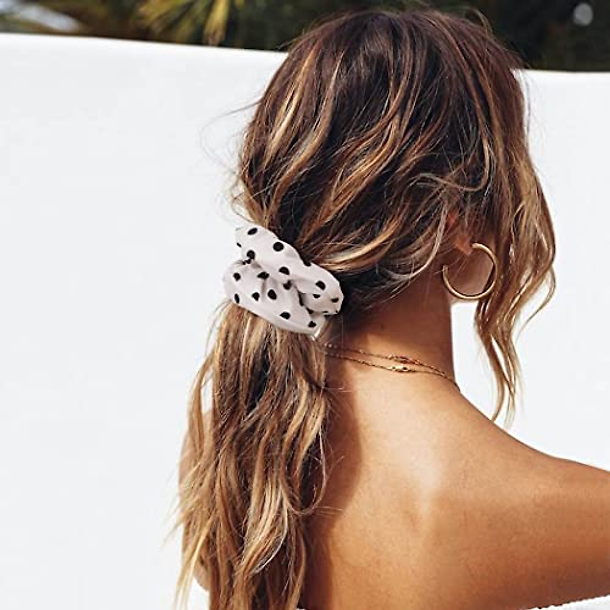 Roncidy Boho Wide Headband Polka Dot Printed Hair Bands Scrunch Hair Hoop Headbands with Hair Scrunchies Elastic Ruched Hairband for Women and Girls,1 Set (White)