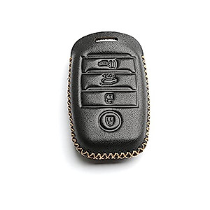 WFMJ Leather for Kia Optima K3 K6 Cerato Forte Sorento Rio Rio5 Rondo Carens Remote Smart 4 Buttons Key Case Holder Cover Fob Chain (Black)