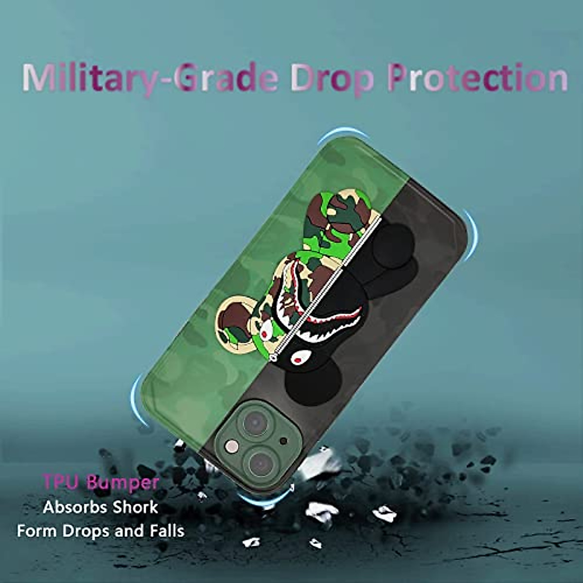 LANJINDENG iPhone 13 Case Camo Shark Bear Design for Men Boys, Cool ArmyGreen 3D Cartoon Pattern Street Fashion Shockproof Anti-Scratch Silicone Full Body Protection Case for iPhone 13