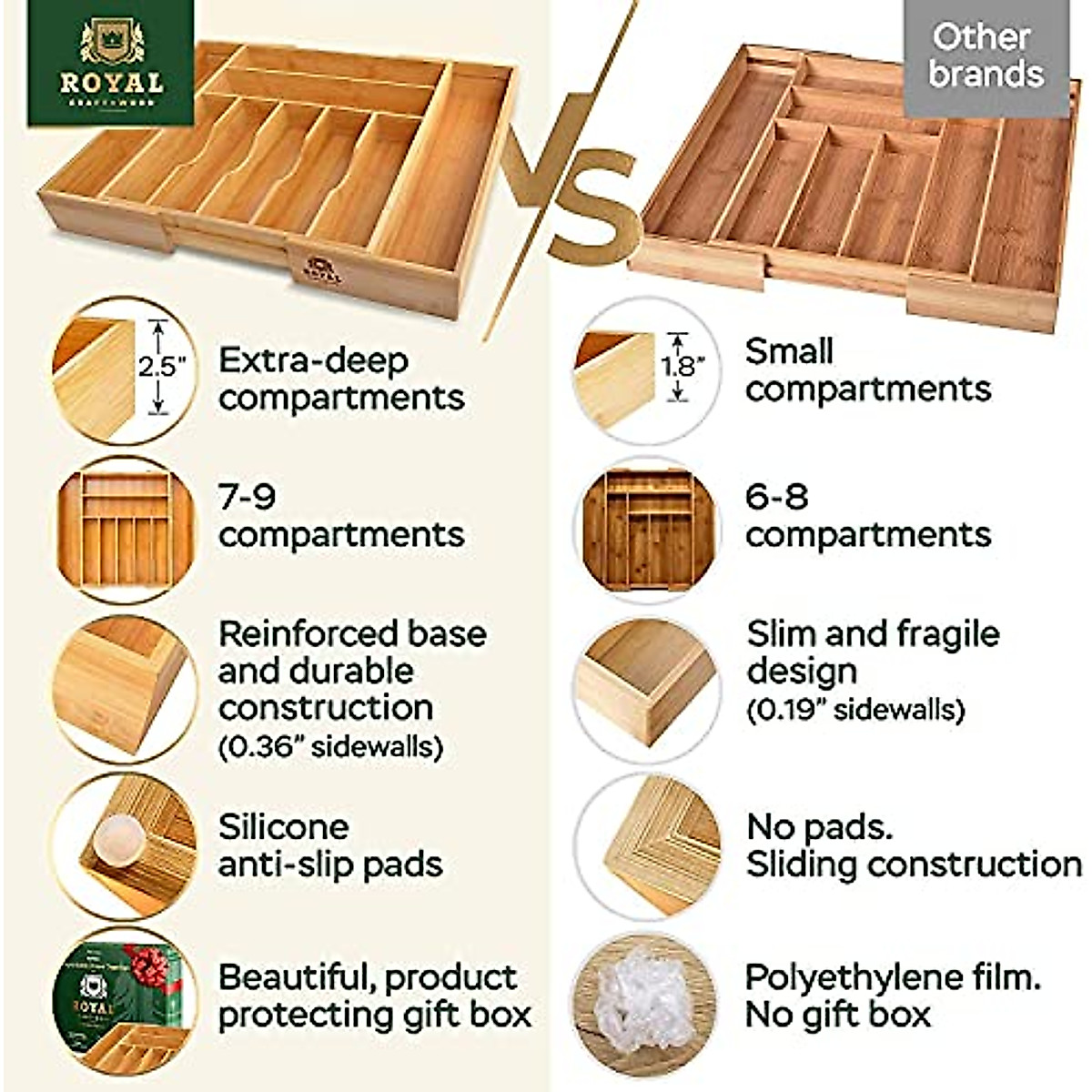 ROYAL CRAFT WOOD Silverware Drawer Organizer and Storage Box Set of 5