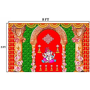 SATVIK 8x5ft. Fabric Backdrop for Indian Pooja Décor Ganpati Photo Traditional Puja Cloth Backdrop Mehndi Diwali Festival Marigold Flower Garland Tulle Curtain Wedding Bridal Baby Shower Wall Banner