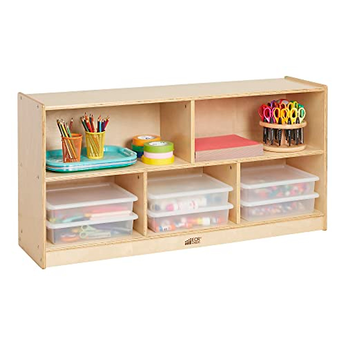 ECR4Kids 5-Compartment Mobile Storage Cabinet, 24in, Classroom Furniture, Natural