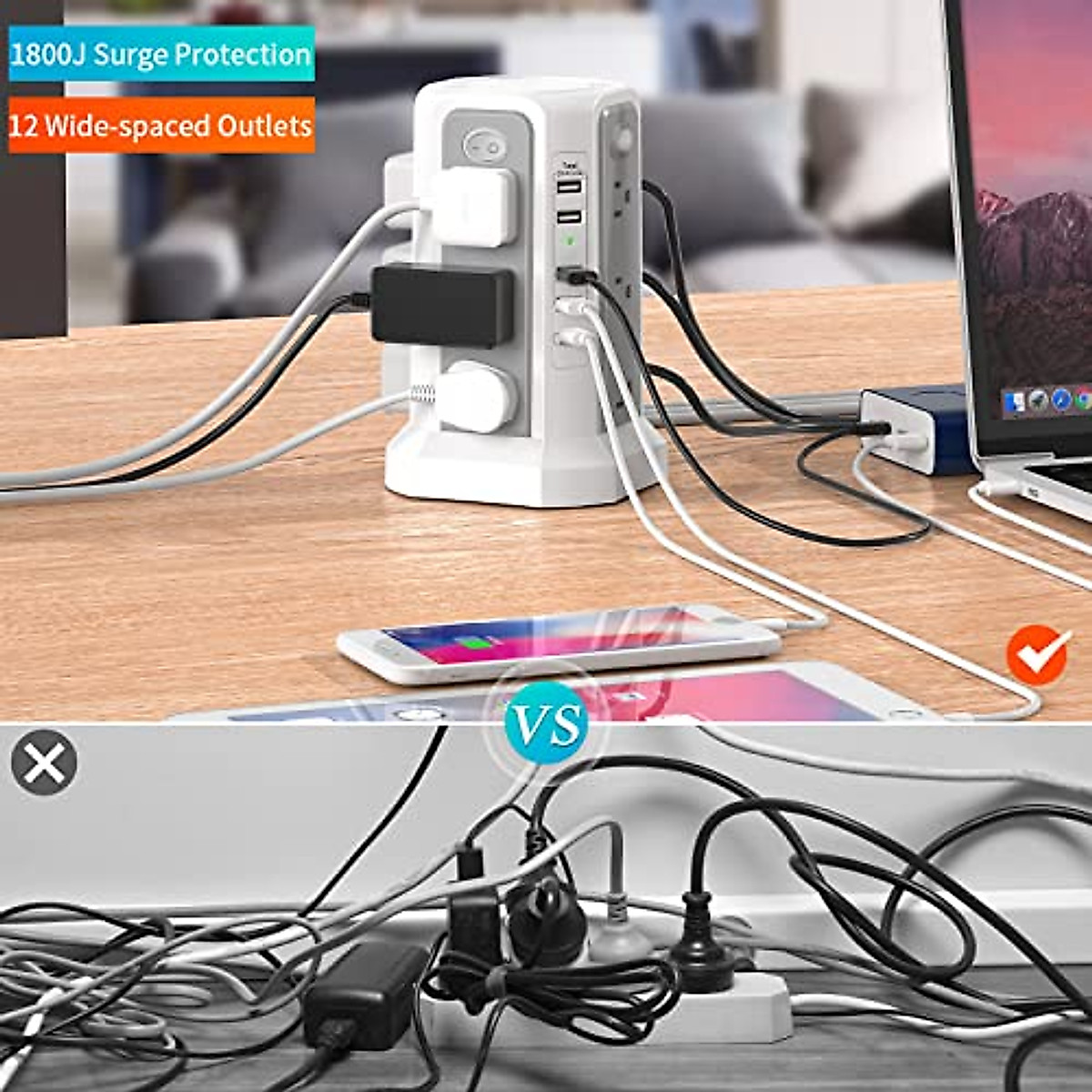 Surge Protector Power Strip with 5 USB Ports, Night Light, 18W Fast Charging Port, 10FT Extension Cord with 12 AC Multiple Outlets, Power Strips Tower, Overload Protection for Home Office Dorm Room
