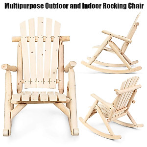 Giantex Log Wooden Rocking Chair, Wood Porch & Patio Rocker with Slatted Seat and Backrest, Adirondack Rocking Chair, Outdoor Accent Furniture for Balcony, Garden, Poolside, Backyard, Natural (1)