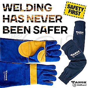 Leather Forge Welding Gloves Heat/Fire Resistant, Mitts16 inch long for Oven/Grill/Fireplace/Furnace/Stove/Pot Holder/Tig Welder/Mig/BBQ/Animal handling glove with Bonus: protection sleeves – Blue