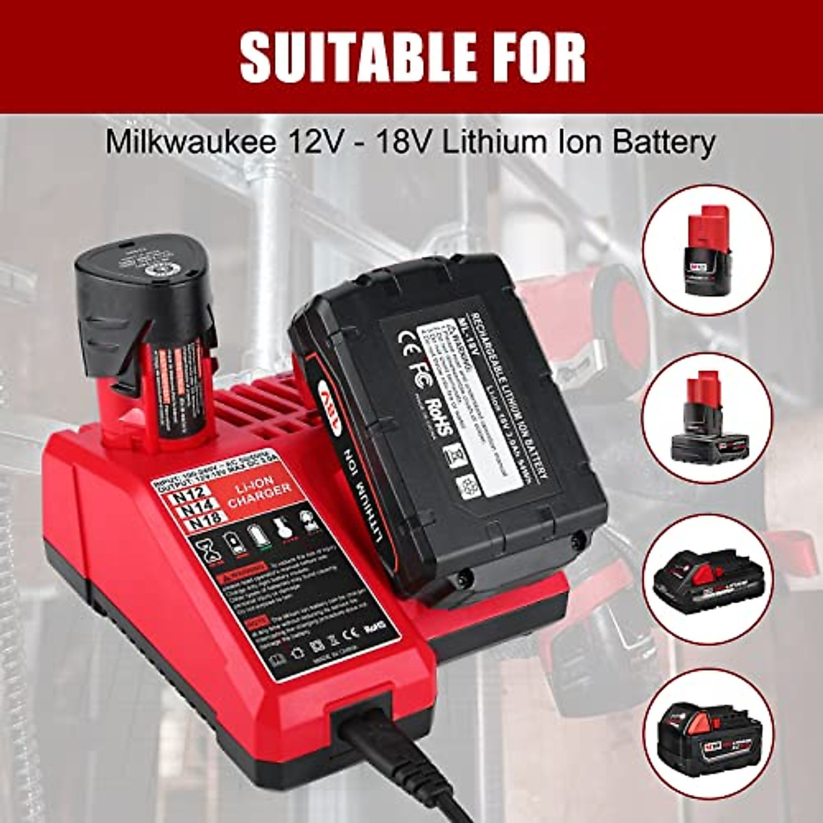 2Pack 6.0Ah 48-59-1850 Battery Replacement for Milwaukee M18 Battery and Charger Compatible with Milwaukee 18V Battery 48-11-1852 48-59-1850 48-11-1850 and Replacement Milwaukee M18 Battery Charger