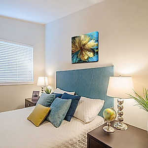 Biuteawal - Modern Canvas Flower Wall Art Abstract Gold Floral Blue Background Paintings on Canvas Still Life Artwork for Home Kitchen Living Room Bedroom Decorations Wall Decor