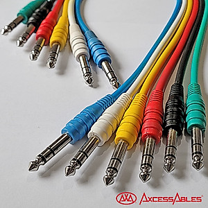 AxcessAbles 3ft 1/4" TRS to 1/4" TRS Multi-Color Balanced Stereo Patch Cables (6-Pack) | Speaker Patch Cables, 3ft 6.35mm Studio Patch Cables | Quarter Inch TRS Cable Pack 3ft (6-Pack)