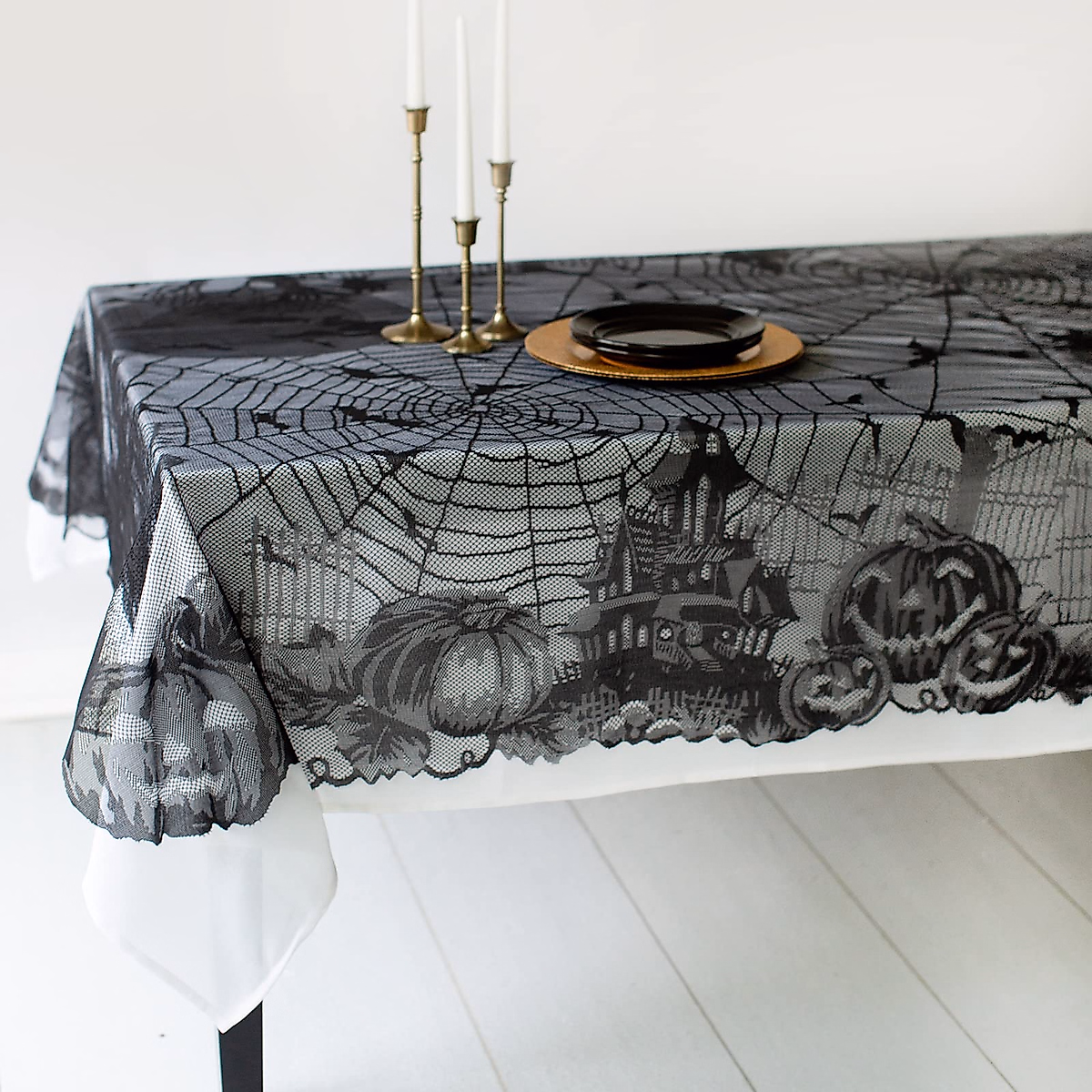 Benson Mills Halloween Fabric Tablecloth, Halloween Table Cloth for Dinners and Parties (Spooky Spirits Web Lace, 60" x 104" Rectangular)