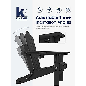 KINGYES Folding Adjustable Backrest Adirondack Chair with Cup Holder, Oversized Weather Resistance Adirondack Chair, HDPE Reclining Adirondack Chair for Adult, Black