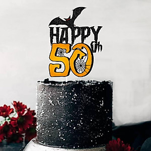 Halloween Theme 50th Happy Birthday Cake Topper - Halloween Theme Birthday Party, Halloween Bat Theme Anniversary Party, Spooky Spider Bat Decoration - LIANGSS