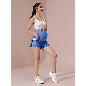 Maacie Women Maternity Layered Fast Drying Yoga Shorts with Liner Inner Pocket Hydrangea Blue