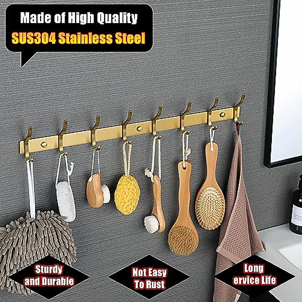 Alise Coat Rack Wall Mount,Coat Hanger Rail with 8 Double Coat Hooks for Hanging Coats Bathroom,SUS304 Stainless Steel Towel Hanger Hook Racks for Purse Clothes Entryway Jacket Hats,Gold Finish
