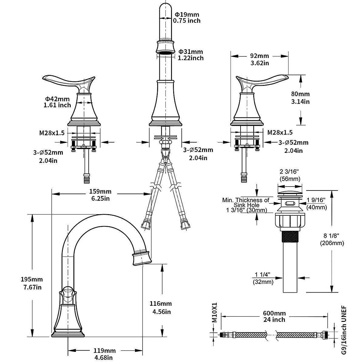 2-Handle 8 inch Widespread Bathroom Sink Faucet Brushed Nickel Lavatory Faucet 3 Hole 360° Swivel Spout Vanity Sink Basin Faucets with Pop Up Drain Assembly and cUPC Water Supply Hoses