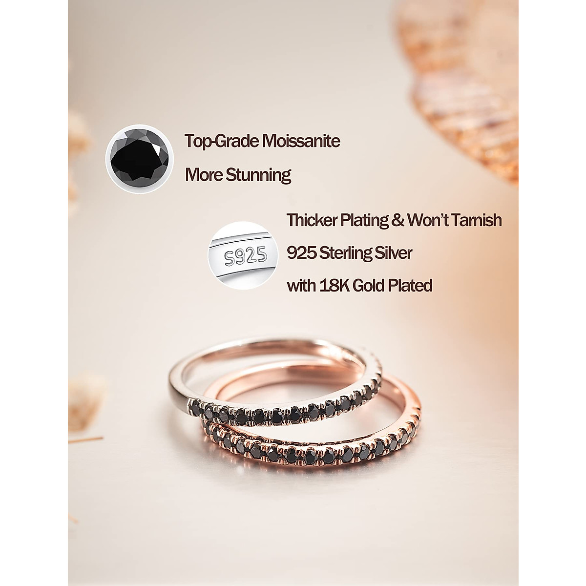 IMOLOVE Black Moissanite Wedding Band for Women Sterling Silver Moissanite Rings for Women with 18K White Gold Plated Half Eternity Bands ring for Women-BW-70