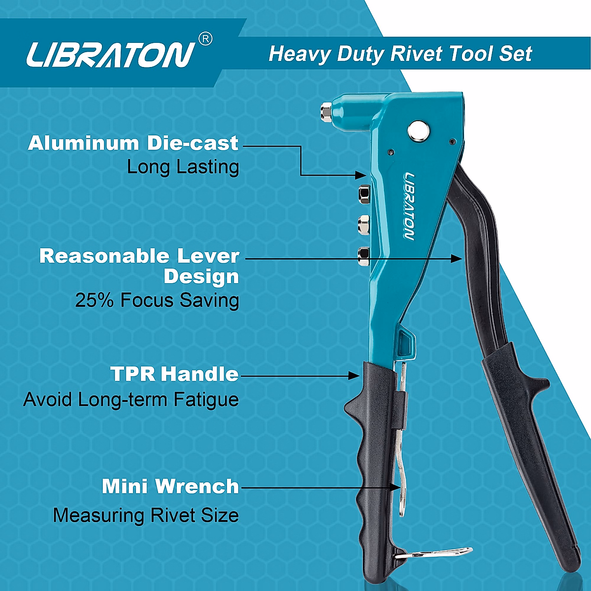 Libraton Heavy Duty Rivet Gun, Pop Rivet Gun Set, Professional Hand Riveter, Manual Riveting Tool with 110Pcs Rivets and 4 Interchangeable Heads, for Metal, Wood and Plastic