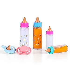 Kaydora Magic Disappearing Milk and Juice Bottles with Pacifiers for Baby Doll Accessories,6 Pieces Pretend Play Feeding Toy Set, 4 Bottles and 2 Pacifiers