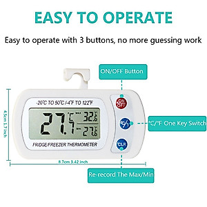 ZEZHOU Digital Refrigerator Thermometer 2Pack - IPX3 Waterproof Wireless Freezer Room Temperature Monitor with Hook, Large LCD Easy to Read Display & Max/Min Record Function for Indoor/Outdoor