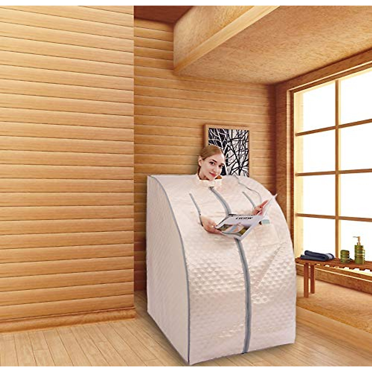 Smartmak Far Infrared Sauna, Full Body One Person Portable SPA Set with Time & Tempreture Remote Control, Heating Foot Pad and Foldable Reinforced Chair (L 27.6’’ x W 31.5’’ x H 37.8’’)- Pearl Pink