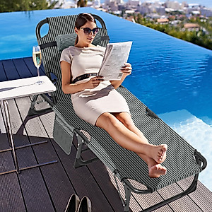 ABORON Heavy Duty Patio Chaise Lounge, 500LB Bearing 3IN1 Adjustable Lounge Chair 1200D Oxford Adults Sleeping Camp Chair, with Mattress (Chaise Lounges, Black Bed and Charcoal Gray Pad)