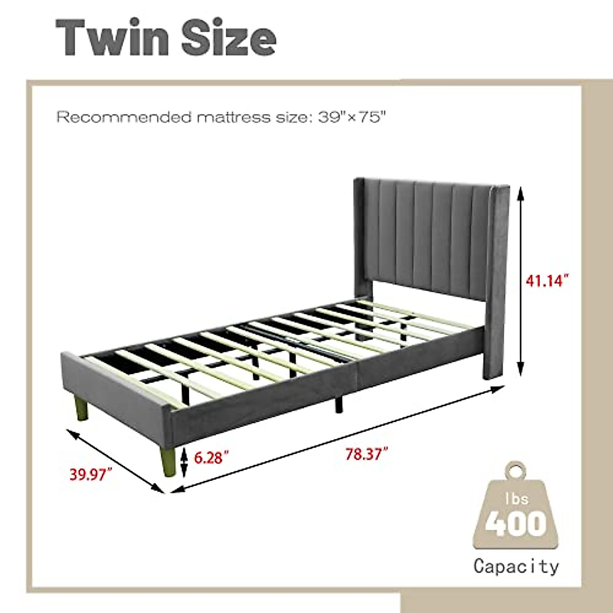 AGARTT Upholstered Platform Bed Frame Twin Size with Headboard Wooden Slats Support/No Box Spring Needed/Easy Assembly,Grey