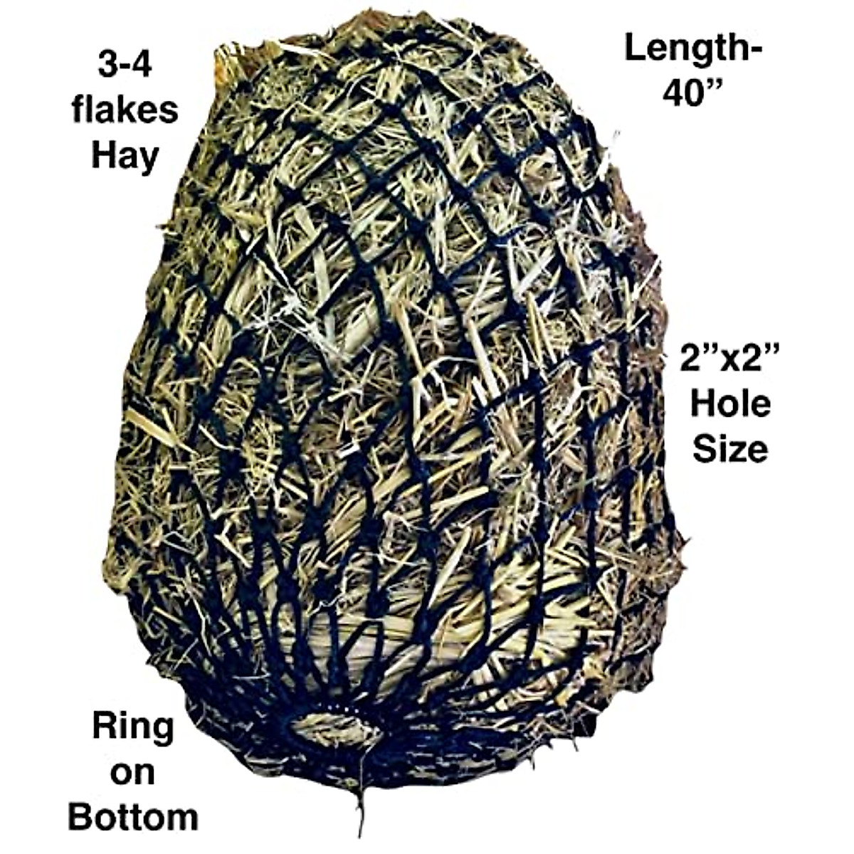 Majestic Ally 2”x2” Holes Slow Feed 40” Very Sturdy Hay Net with Bottom Ring for Desirous Horses, Nylon monofilament Rope Hanging, Adjustable Feeder for Trailer, Stall, and Portable Wear. (Black)