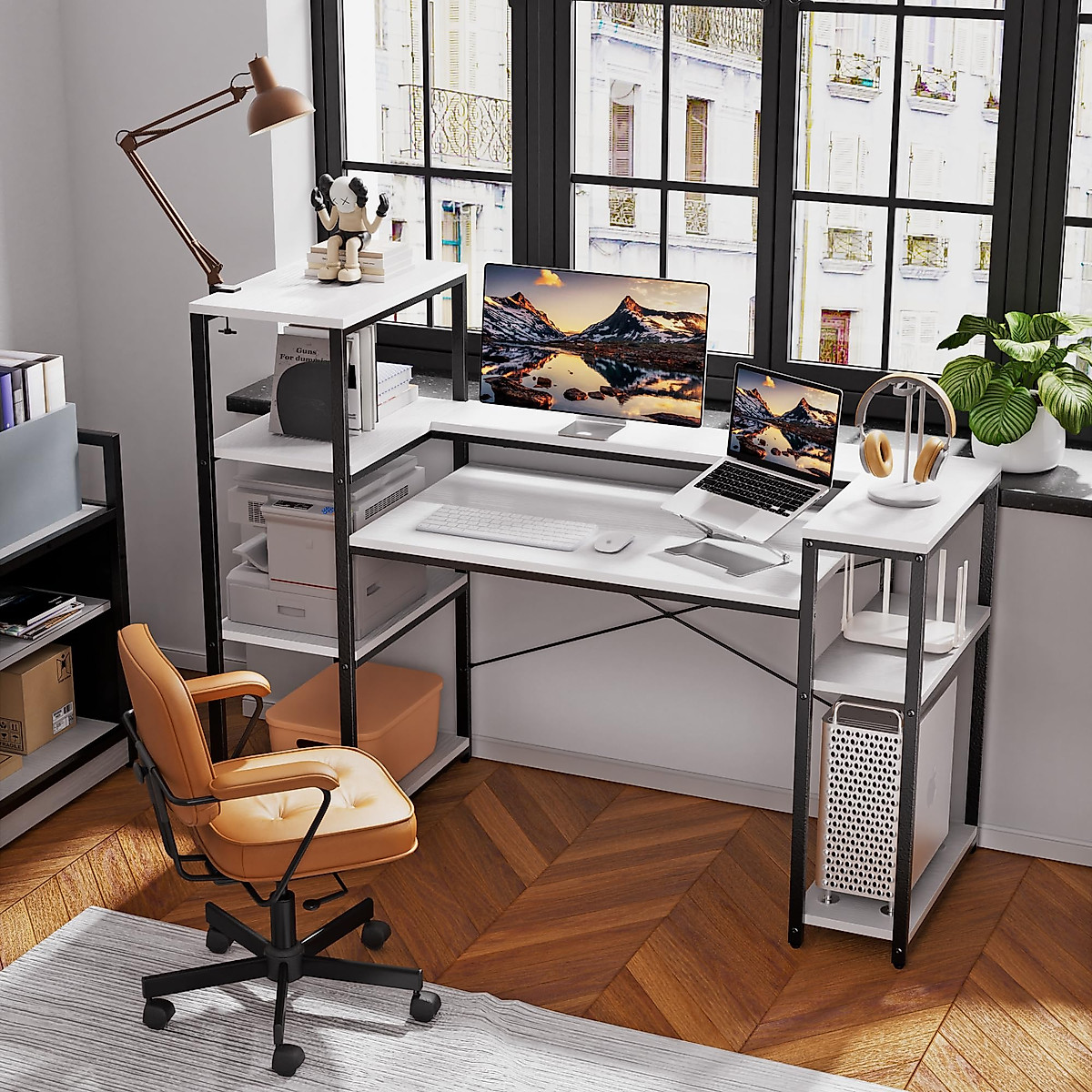 HYPIGO White Computer Desk with Printer Shelf, 63 Inch Industrial Office Desk with Storage Shelves, Writing Workstation with Bookshelf, Study Table for Home Office
