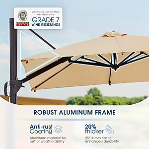 BLUU REDWOOD 10 FT Square Patio Umbrella Offset Cantilever Outdoor Umbrella Aluminum Market Hanging Umbrellas with 360° Rotation Device and Unlimited Tilting System & Cross Base (Beige)