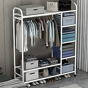 ZBYL Metal Clothing Wardrobe Garment Rack, Freestanding Clothes Rail Closet Rack Double Rod Laundry Hanging Rack, Portable Organizer with Bottom Rack, 105×150cm (Color : White)
