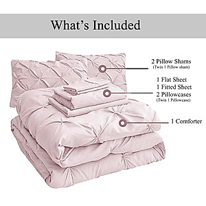 LANE LINEN Pink Comforter Set Queen Size with Sheets, Pillowcases & Shams, Pintuck Bedding Queen Size, Soft Queen Size Bed in a Bag Set, Pinch Pleated Queen Bed Comforter Set, Queen Bed Set for Girls