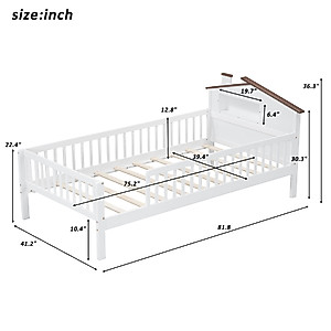 Bellemave Twin Size Montessori Bed for Kids, Twin Size Kids Bed with Fence，Kids Montessori Bed with House-Shaped Headboard and Built-in Storage, White