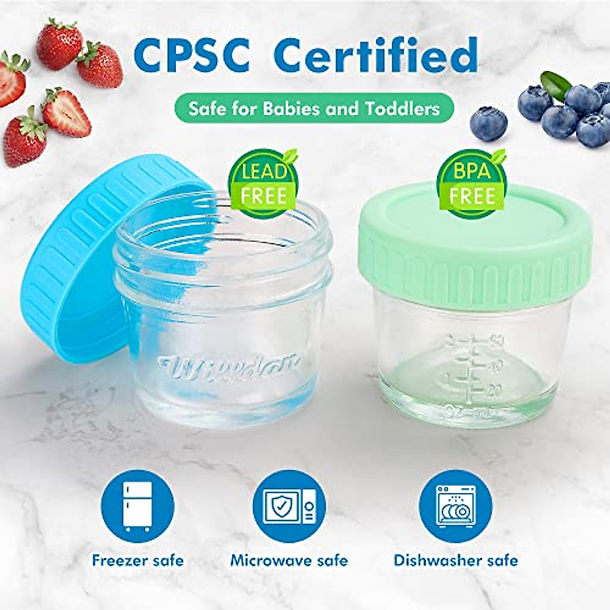 WILLDAN 24-Pack Glass Baby Food Storage Containers - 4 oz Baby Food Storage Jars with Lids, Baby Food Maker, Microwave, Dishwasher & Freezer Safe
