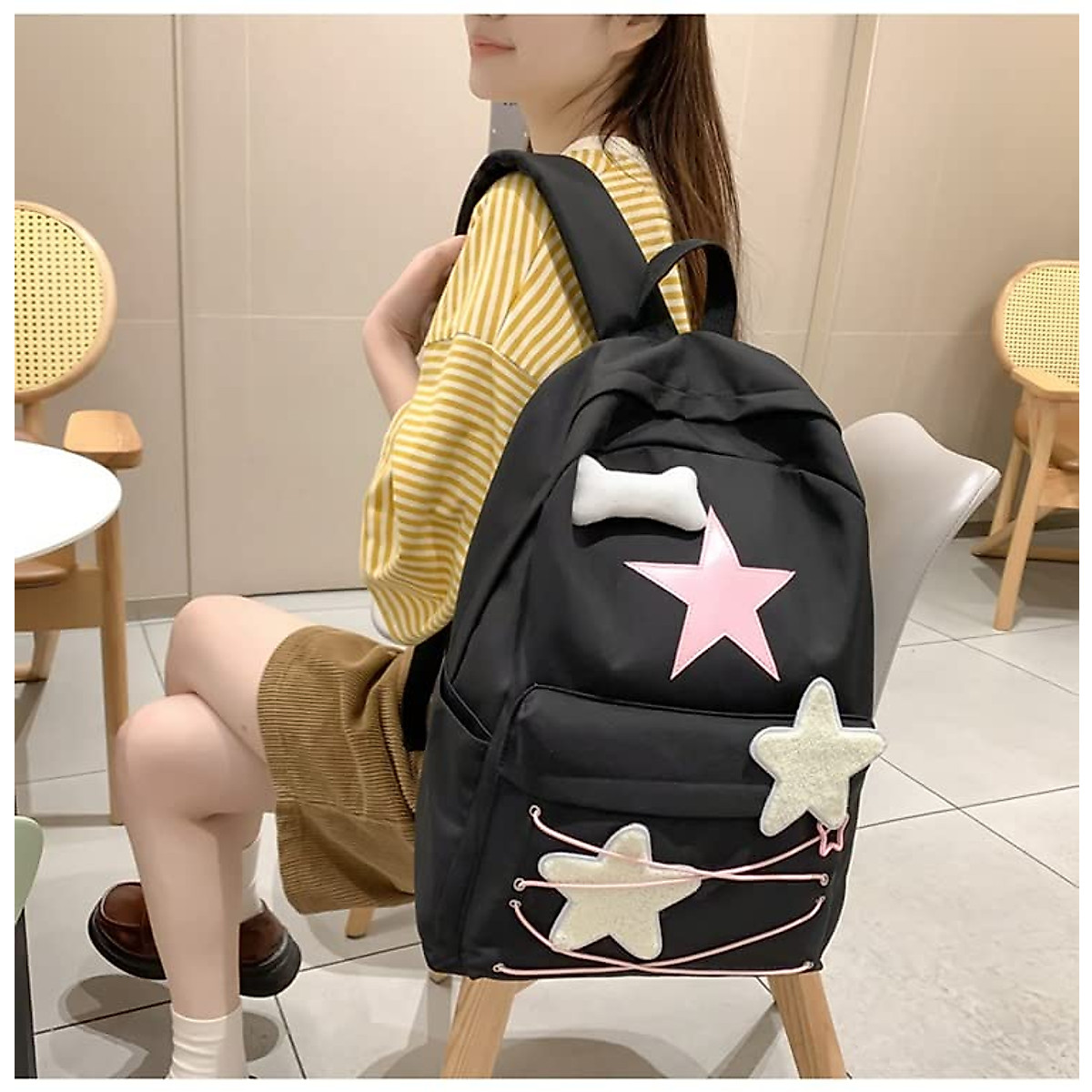 MININAI Preppy Backpack Cute Stars Pattern Korean Style Backpack Aesthetic College Backpack for Work Travel (One Size,Black)