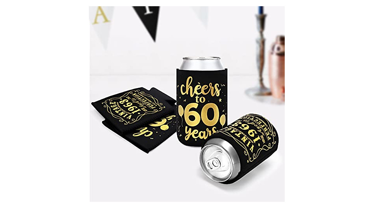Cheers to 60 Years Can Sleeves - 60th Birthday Party Favors