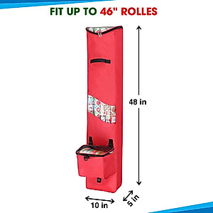 Primode Long Wrapping Paper Storage Bag Hanging | Heavy Duty Christmas Gift Wrap Storage Organizer with Detachable Accessory Tote Durable 600D Oxford (2PC Gift Wrap Case Set) 48"x 10"x 5" (Red)
