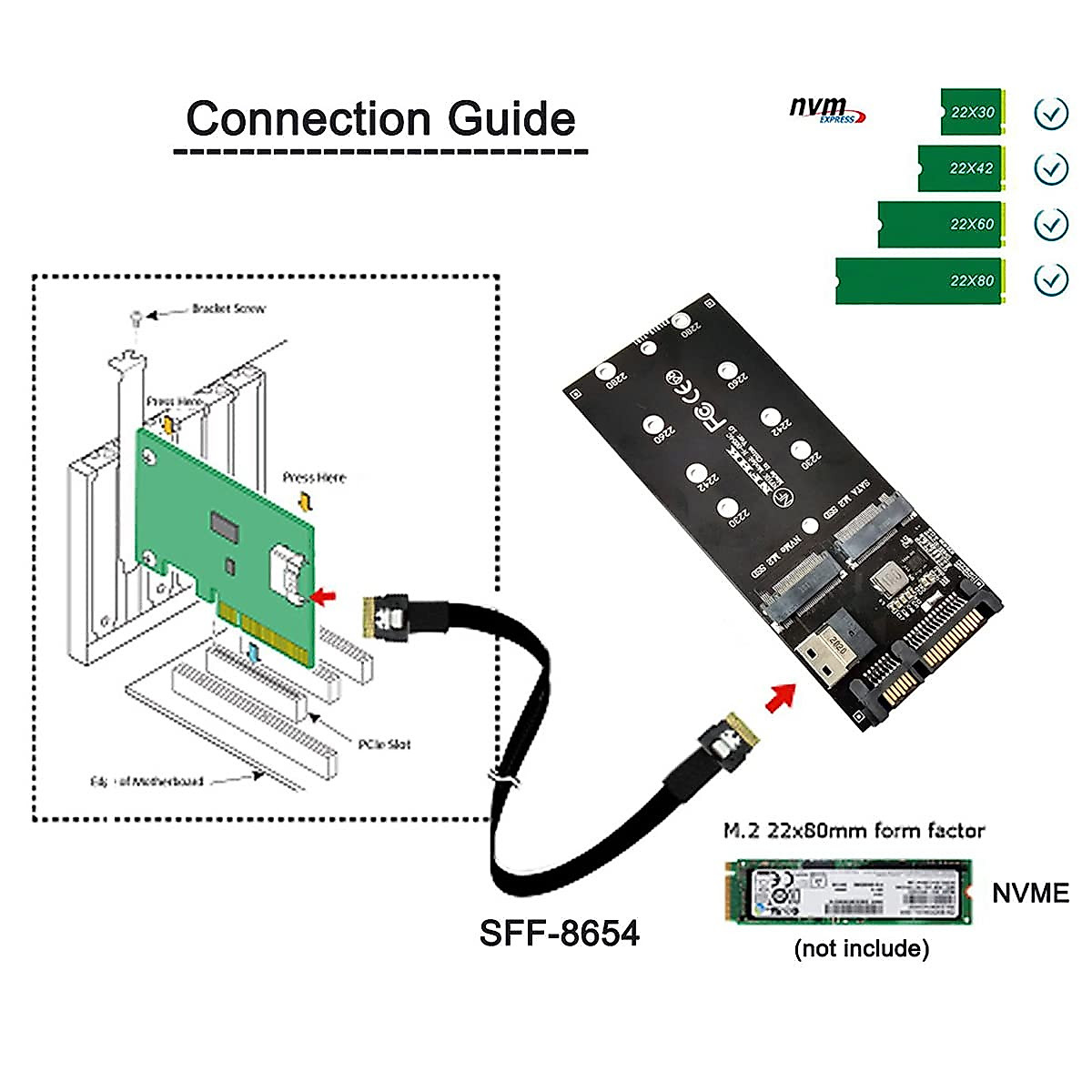 cablecc SFF-8654 to U2 Kit NGFF M-Key to Slimline SAS NVME PCIe SSD SATA Adapter for Mainboard