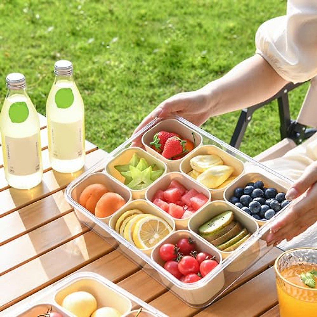 2 Pack Portable Picnic Parties Fruit Tray, 9 Compartment Fridge Food Veggie Condiment Divided Serving Preservation Storage Containers, Kitchen Clear Snackle Box Candy Organizer with Lid Handle