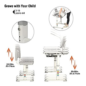 RedSwing Kids Desk and Chair Set, Adjustable Height Children Study Table Chair with Led Light, Bookstand, Portable Kids Desk with Tilted 0-60° Table Top for Age 3-15, Gray