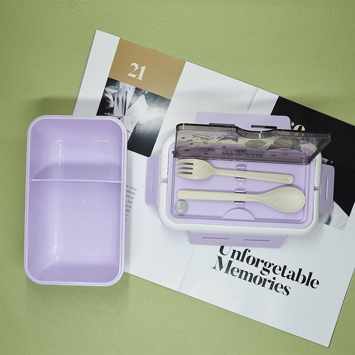 Holymid Kawaii Kumi Lunch Box, 1100 ML, Stackable Bento Container, 2 Compartments, Leakproof, BPA Free, Includes Utensils, Work Lunch Box