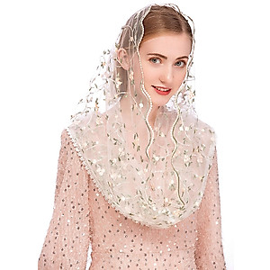 PAMOR Chapel Veils Mantilla Infinity Veil Latin Mass Little Flower Soft Embroidered Lace Head Covering Scarf (White)