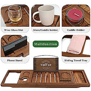 Teak Bathtub Tray, Expandable Wooden Bath Tray for Tub with Wine and Book Holder, Solid Bathroom Caddy with Free Teak Body Brush