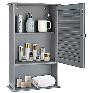 Bathroom Wall Cabinet, Wall Mounted Medicine Cabinet w/Single Louver Door, Adjustable Shelf, Bathroom Cabinet Wall Mounted Wooden Bathroom Storage Cabinet Over Toilet Laundry Room Kitchen (Gray)
