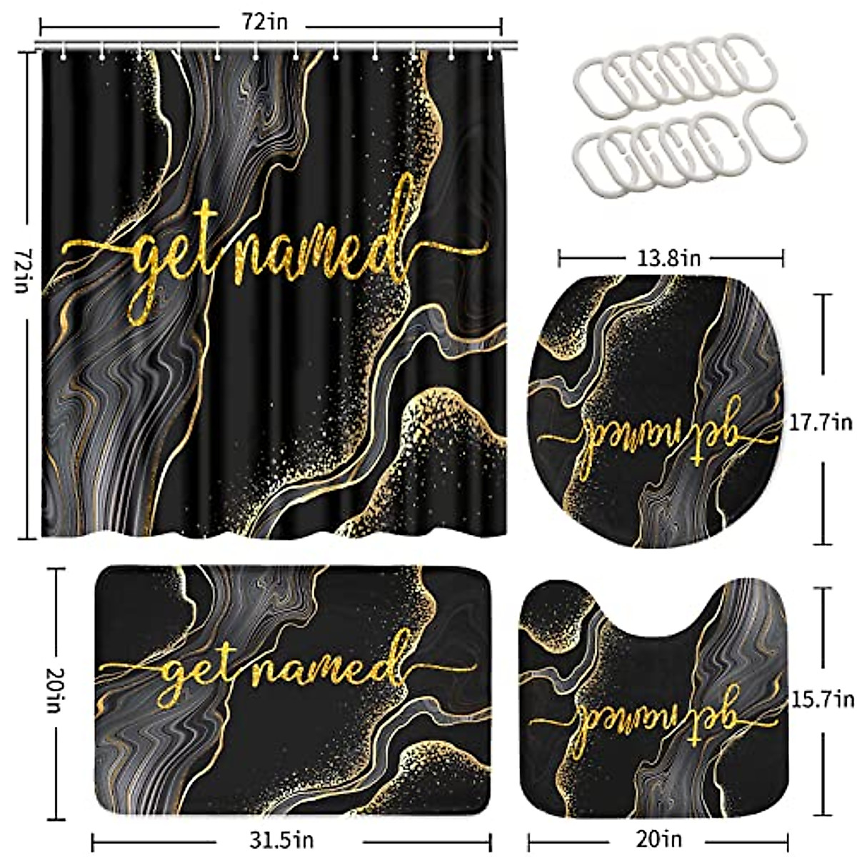 Acxzorpv 4 Pcs Get Named Black Marble Shower Curtain and Rugs Set Bathroom Sets with Bath Mat Waterproof Bathroom Curtain with 12 Hooks (Black)