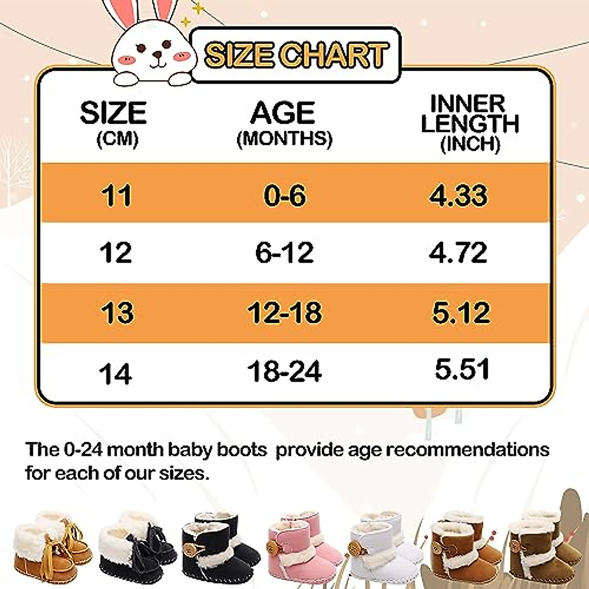 HONGTEYA Baby Snow Boots with Fleece Fur Inner, Baby Girl Booties with Anti Slip Rubber Hard Sole, Toddler Boots Shoes for Boys Girls 0-24 months Warm Winter Infant Newborn Crib Baby Shoes