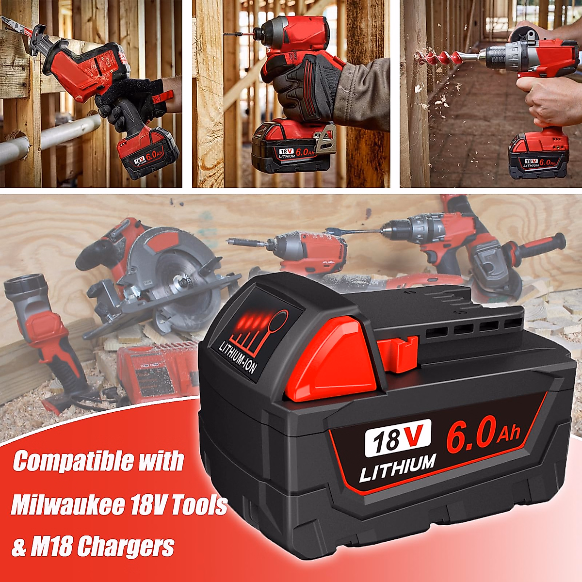 PZSZOK 2 Pack 6.0Ah 18V Lithium Battery Replacement for Milwaukee M-18 Battery Compatible with Milwaukee 18V Battery Tools and Charger 48-11-1850 48-11-1852 48-11-1840 48-11-1815