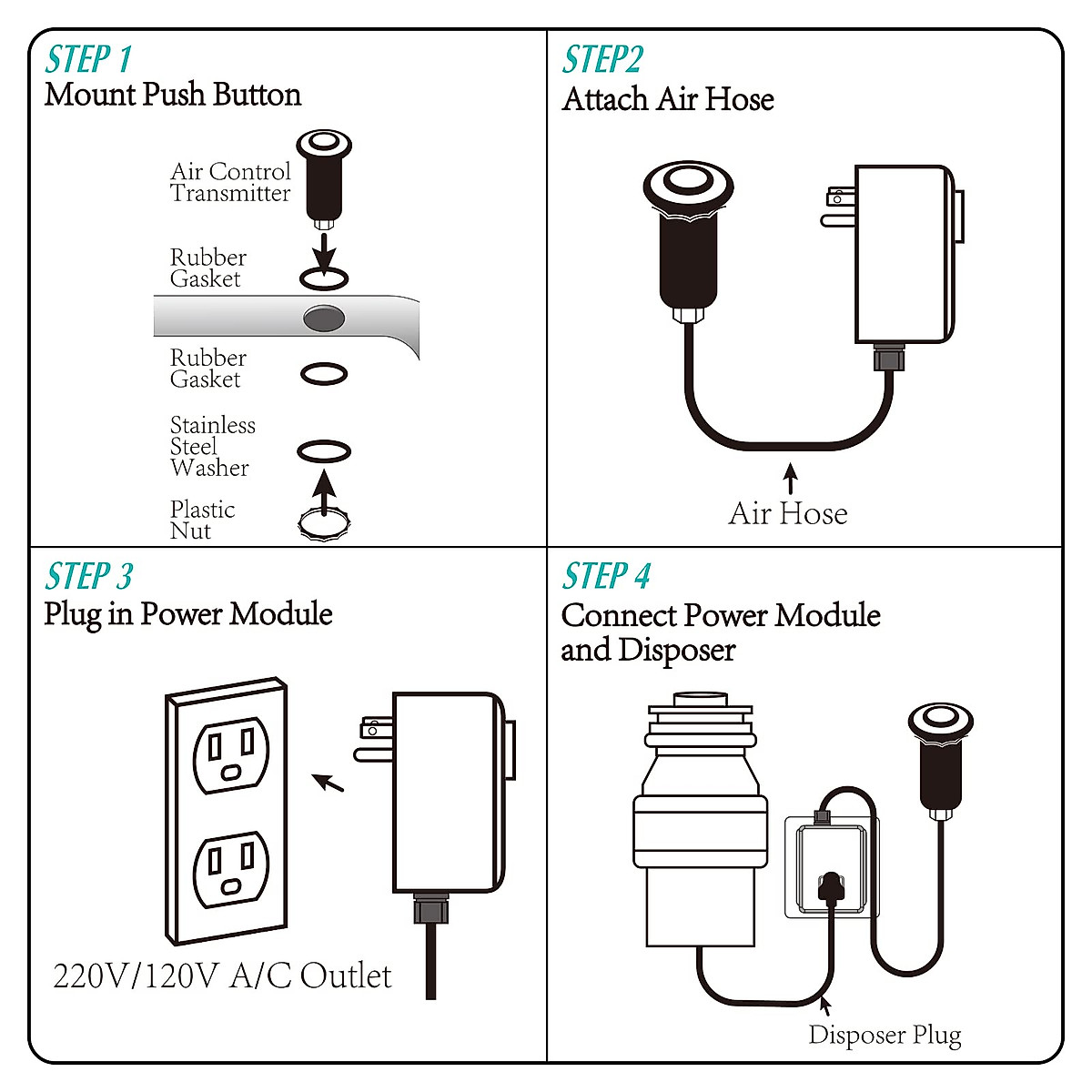 BESTILL Garbage Disposal Sink Top Air Switch Kit with Single Outlet, Matte Black Long Push Button with Brass Cover, UL Listed